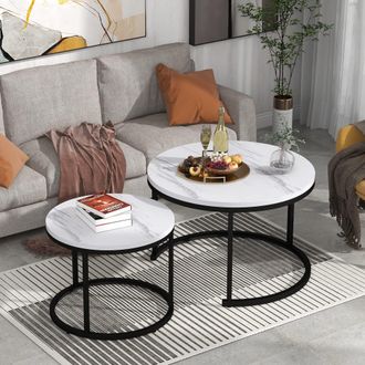 Merax Rund Couchtisch Set, 2-in-1 Nesting Couchtisch Satztisch, mit Marmormuster, Metallgestell, f&uuml;r Wohnzimmer, Balkon, Wei&szlig;+Schwarz