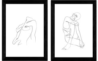 Nacnic Set von 2 Zeichnungen der Zeichnungen mit einem einzigen nackten Hub der Frau, der sitzt und steht. Poster mit einer einzigen Linie. A4-Größe mit Rahm