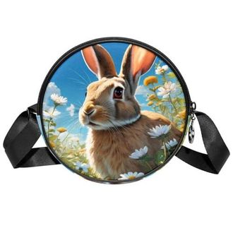 Generic Petit sac &agrave; bandouli&egrave;re circulaire pour femme, motif floral, lapin, sac &agrave; dos &agrave; bandouli&egrave;re avec fermeture &eacute;clair, bretelles r&eacute;glables, sac &agrave; main ron