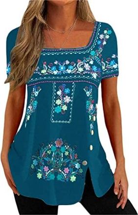 Onsoyours T-Shirt Femme Ethnique Fleurs Col en U Haut Dété Décontracté Ample Grande Taille Tunique Top Manches Courtes Blouse Longline Casual Élégant Chic Bleu 