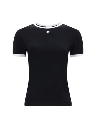 Courr&egrave;ges Womens Logo T-Shirt Black-Heritage White Cotton T-Shirts Black/heritage And Polos
