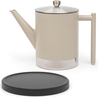 Bredemeijer doppelwandige Edelstahl Teekanne taupe 1.2 Liter - große isolierende Edelstahlkanne Set mit schwarzem Holz-Untersetzer & Teefilter-Sieb