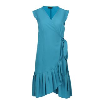 M&oacute;veis Conquista T&uuml;rkisfarbenes &auml;rmelloses Wickelkleid mit R&uuml;schen aus Viskose-Popeline