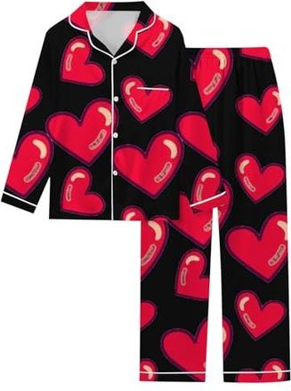 Generic Ensemble de pyjama &agrave; manches longues imprim&eacute; en forme de coeur pour femme Cadeau de Saint-Valentin 2026, Noir, 3XL