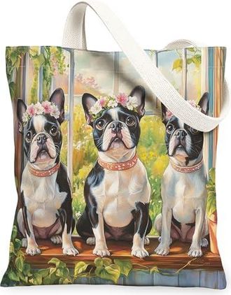 Generic Sac fourre-tout en toile pour faire du shopping avec motif de chien de Boston Terrier printanier, 33 x 38,1 cm, r&eacute;utilisable avec fen&ecirc;tre en pot, moti