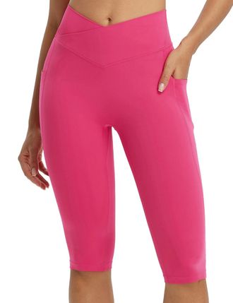 Baleaf Damen Yoga Capri Leggings mit Taschen Sport Leggings High Waist Knielange Yogahose Kurze Radlerleggings Slim Fit Gym Casual Sommer Rot XXXL