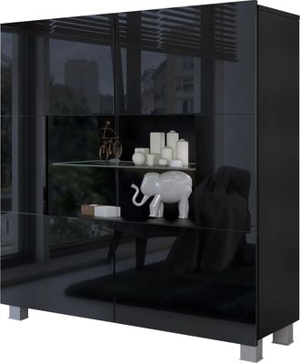 Mirjan24 Kommode Calabrini BR01 mit 2 Türen, Sideboard, Anrichte, 100x107x35 cm, Highboard, Mehrzweckschrank, Wohnzimmer (Schwarz/Schwarz Hochglanz, ohne Beleu