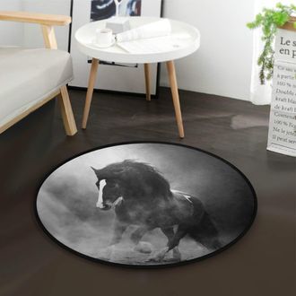 Mnsruu Teppich, Motiv Pferde im Staub, Vintage, rund, für Wohnzimmer, Schlafzimmer, 92 cm Durchmesser