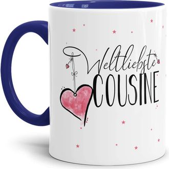 Tassendruck Tasse mit Spruch für die Weltbeste Cousine - Kaffeetasse/Familie/Geschenk-Idee/Mug/Cup/Innen & Henkel Dunkelblau