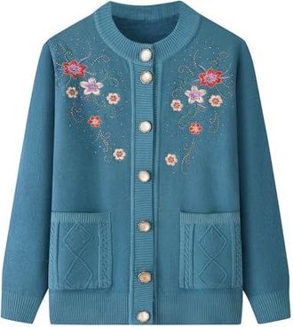 Generic Cardigan 2025 pour femme automne et hiver avec motif brod&eacute; &agrave; crochet et strass, en velours chaud, avec bouton, poche, bleu, XXL