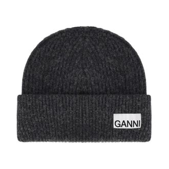 Ganni Femme, Accessoires, Gris, Taille: ONE Size Bonnet en Laine Côtelée Foncée