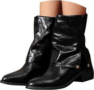 Generic Bottes pliantes pour femme, bottes courtes et souples &agrave; bout pointu &agrave; enfiler pour &eacute;quitation, bottes de motard pliables, mi-mollet, grosses talons ba