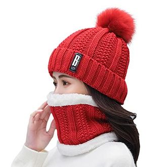 Generic Bonnet Femme Pompon Fourrure Femmes et Hommes Hiver Chaud Chapeaux &eacute;charpe Double Usage Chapeau des Oreilles Chapeau Coupe-Vent Bonnets De Noel (Red, 