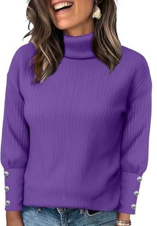 Generic Pull à col roulé pour femme avec boutons - Pull dhiver en tricot - Manches longues - Coupe ajustée - Col roulé - Haut chaud - Décontracté, Violet (01)