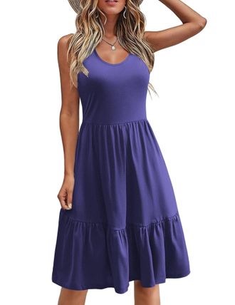Zeagoo Sommerkleider Damen Freizeit Kleider Sommer Midi Strandkleid Luftig Einfarbig Tunika Kleid mit Taschen Blau XXL