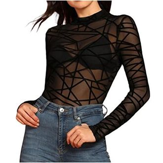Onsoyours T-Shirt Femme Mesh Blouse Sexy Transparente Tops Moulant &agrave; Manches Longues Clubwear Haut en Maille Soir&eacute;e Elastique Chemise Tulle Tee Shirt F Noir XXL