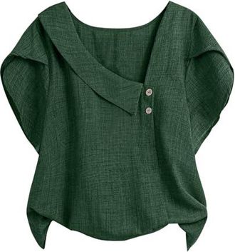 Generic Haut en coton et lin pour femme - Haut &agrave; manches courtes - Couleur unie - Tunique d&eacute;contract&eacute;e &agrave; col en V - Chemise en mousseline de couleur unie - Bl