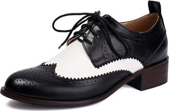 Generic Femmes Cuir PU Brogue Oxfords Lacer Vintage Chaussures De Robe Talon Bloc Bas Chaussures De Bureau Formelles,Noir,35.5 EU