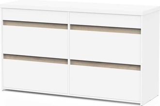 PEGANE Commode meuble de rangement 6 tiroirs couleur blanc mat / ch&ecirc;ne - Largeur 154,5 x Profondeur 50 x Hauteur 89,2 cm