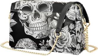 Mnsruu Sacs à bandoulière pour femme, crânes, roses, fleurs, niveaux de gris, sacs à main en cuir