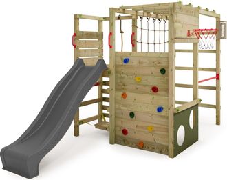 Fatmoose Spielturm Klettergerüst ActionArena Air mit anthraziter Rutsche, Outdoor Kinder Kletterturm mit Leiter, Basketballkorb & Spiel-Zubehör für den Garten