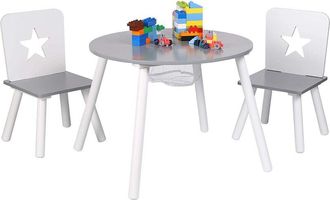 Woltu Combinaison de table et chaises avec espace de rangement en bois de pin massif, 1 x table + 2 chaises pour enfants, Gris Blanc