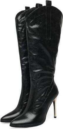 Generic Bottes déquitation métalliques à bout pointu pour femme - Talon aiguille - Coupe en V - Large mollet - À enfiler - Pour fête, mariage, Noir, 37.5 EU