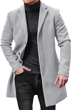 Generic Trench-coat thermique en laine m&eacute;lang&eacute;e pour homme - Manteau long d&eacute;contract&eacute; &agrave; revers avec poche, gris, XXL