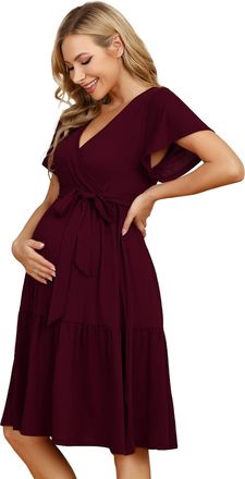 KOJOOIN Damen Umstandskleid V-Ausschnitt Stillkleid Casual Schwangerschafts Kleider mit Rüsche Grape(Kurzarm) XXL