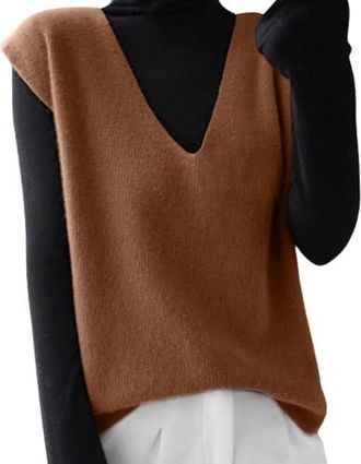 Generic Pull sans manches pour femme, col en V, ample, surdimensionn&eacute;, gilet en tricot uni, d&eacute;bardeur classique, couleur unie, d&eacute;contract&eacute;, doux et confortabl