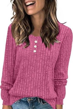 Generico Pullover pour femme col en V avec boutons, haut &agrave; manches longues, pull l&eacute;ger, tuniques basique, pullover t-shirts, 01 rouge, XL