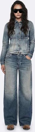 AllSaints taillierte Trucker-Jacke in Vintage-Indigo-Blau