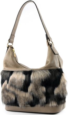 modamoda.de T133 Damen Leder Schultertasche Henkeltasche aus Leder mit Kunstfell handmade in Italy, Farbe:Dunkelbeige