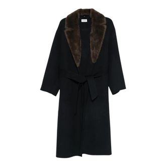 P.A.R.O.S.H. Wollmantel mit Pelzkragen und G&uuml;rtel - - Coats - Damen - Schwarzk - XS