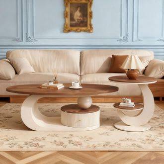 Generic 2-Teilig Moderner Wohnzimmer-Couchtisch Freistehender Wohnzimmer-Beistelltisch mit Schubladen und Stauraum Ovaler Satztisch aus Massivholz for Wohnzim