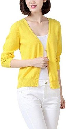 Minetom Femme Casual Cardigan Gilet Basic Col V Manches Longues en Cachemire en Tricot Laine Mélangé Fine Boutonné Différentes Couleurs Jaune FR 36