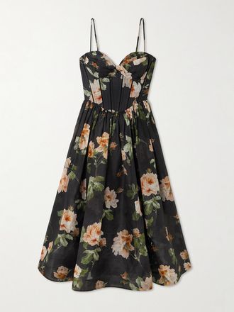 Zimmermann Robe Midi En Lin Et Soie M&eacute;lang&eacute;s &Agrave; Imprim&eacute; Fleuri Luna - Noir