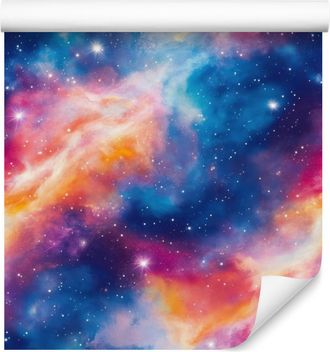 OEM Carta Da Parati Galassia Ad Acquerello Nei Colori Blu, Viola, Corallo E Porpora, 50x1000 Cm