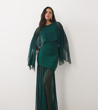 KAIIA exclusivit&eacute; robe longue en tulle fluide &agrave; taille basse, double &eacute;paisseur, cape superpos&eacute;e et ourlet transparent, vert &eacute;meraude