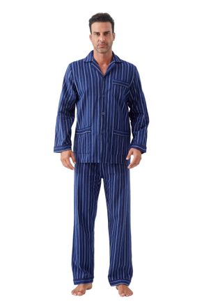 Global Herren Schlafanz&uuml;ge Flanell Herren Pyjama Set Baumwolle Langarm-Pullover Oberteil und elastische Unterteile mit Kordelzug Weich Bequem Blau XXL