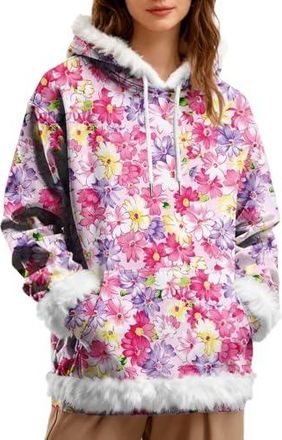 Generic Sweat &agrave; capuche en peluche avec bordure en fausse fourrure pour femme avec poche, imprim&eacute; floral, chandail surdimensionn&eacute; pour femme, pull dhiver d&eacute;co