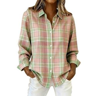 Generic Chemise d&eacute;contract&eacute;e &agrave; carreaux pour femme - Couleur contrast&eacute;e - Automne et hiver - Imprim&eacute; &agrave; carreaux - Taille S - Chemises &agrave; manches mi-longues, ve