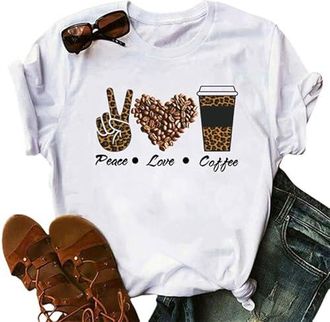 Keephen Peace Love T-Shirt Donut Caf&eacute; L&eacute;opard Coeur Signe de Paix Impression 3D Femmes Manches Courtes Col Ras du Cou Tees Shirt Casual Pullover Tops