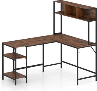 Giantex L-f&ouml;rmiger Schreibtisch, Gaming Tisch aus Holz mit B&uuml;cherregal, seitlichen Regalen & Haken, Eckschreibtisch mit rutschfesten F&uuml;&szlig;en, Computertisch f&uuml;r 