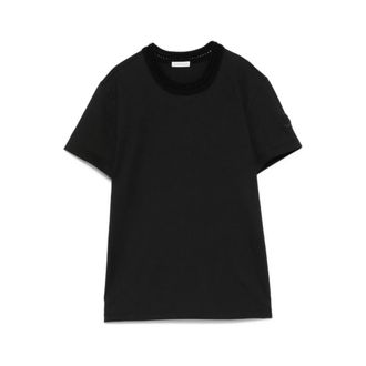 Moncler Schwarzes Baumwoll-T-Shirt mit H&auml;kelakzent - - Tops - Damen - Schwarzk - M