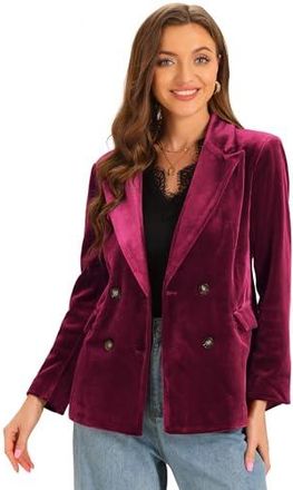 Allegra K Blazers en Velours Femme Veste &agrave; Revers Crant&eacute; Manches Longues Double Boutonnage Veste de Costume Business Rouge Fonc&eacute; L