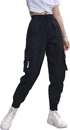 ORANDESIGNE Femme Pantalon Cargo Casual Gothique Punk Pantalon Danse Bas de Surv&ecirc;tement Hip Hop Noir Multi-Poches Streetwear L Noir S