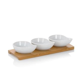 KELA Set de 4 bols &agrave; servir PHILIPA, bols &agrave; snacks en porcelaine avec plateau de service en bambou, forme de goutte, set de bols &agrave; tremper blanc