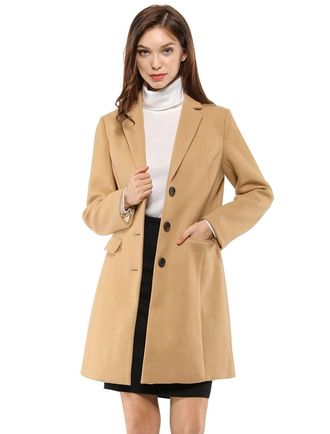 Allegra K Damen Wollmantel Revers Knopfleiste Wintercoat Mantel Braunt&ouml;ne XXL