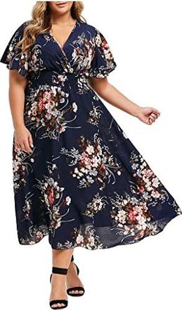 Generic Robe dété décontractée à imprimé floral pour femme, grande taille, col en V, volants, manches courtes, robe dété fluide et smockée, taille empire, com